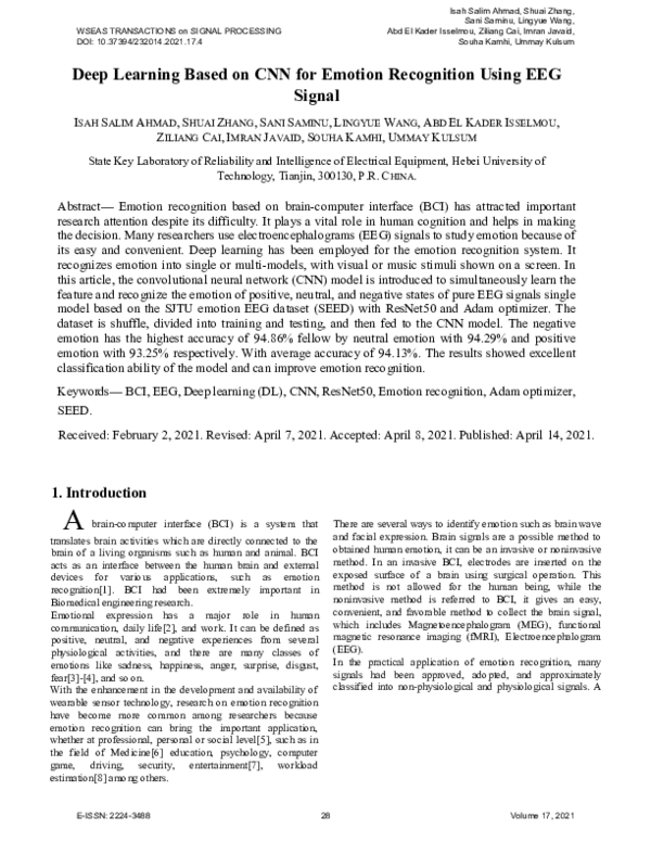 Pdf Deep Learning Based On Cnn For Emotion Recognition Using Eeg Signal