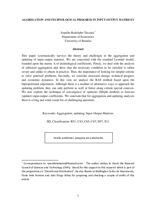 (PDF) Aggregation and Technological Progress in Input-Output Matrices