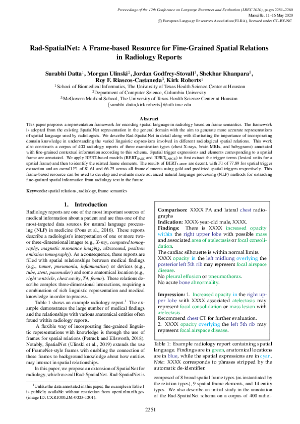 Pdf Rad Spatialnet A Frame Based Resource For Fine Grained Spatial Relations In Radiology Reports