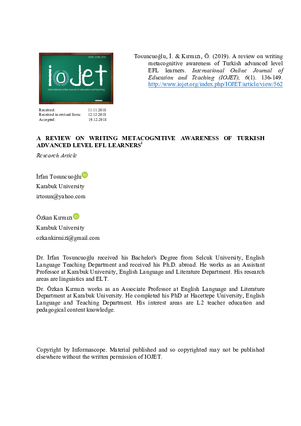 Pdf A Review On Writing Metacognitive Awareness Of Turkish Advanced Level Efl Learners