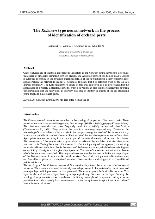 Pdf The Kohonen Type Neural Network In The Process Of Identification Of Orchard Pests