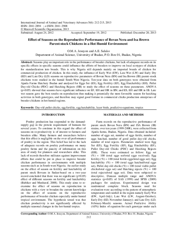 (PDF) Effect of Seasons on the Reproductive Performance of Bovan Nera ...