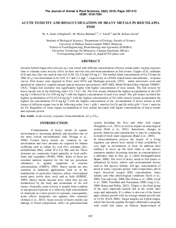 (PDF) Acute toxicity and bioaccumulation of heavy metals in red tilapia ...