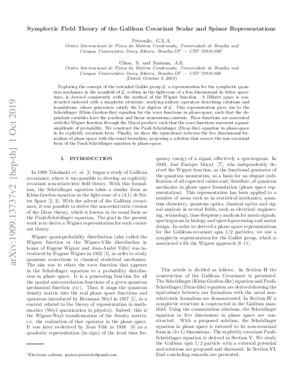 Pdf Symplectic Field Theory Of The Galilean Covariant Scalar And Spinor Representations