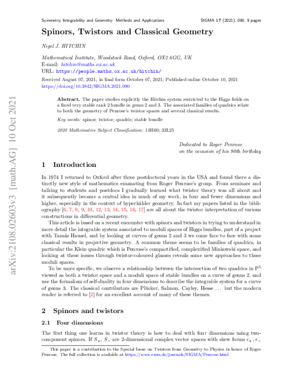(PDF) Spinors, Twistors and Classical Geometry