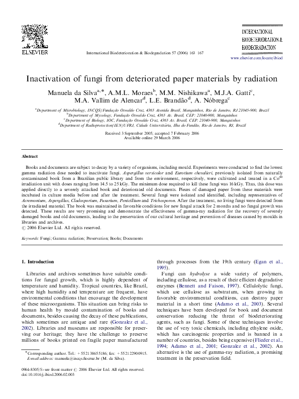 (PDF) Inactivation of fungi from deteriorated paper materials by radiation