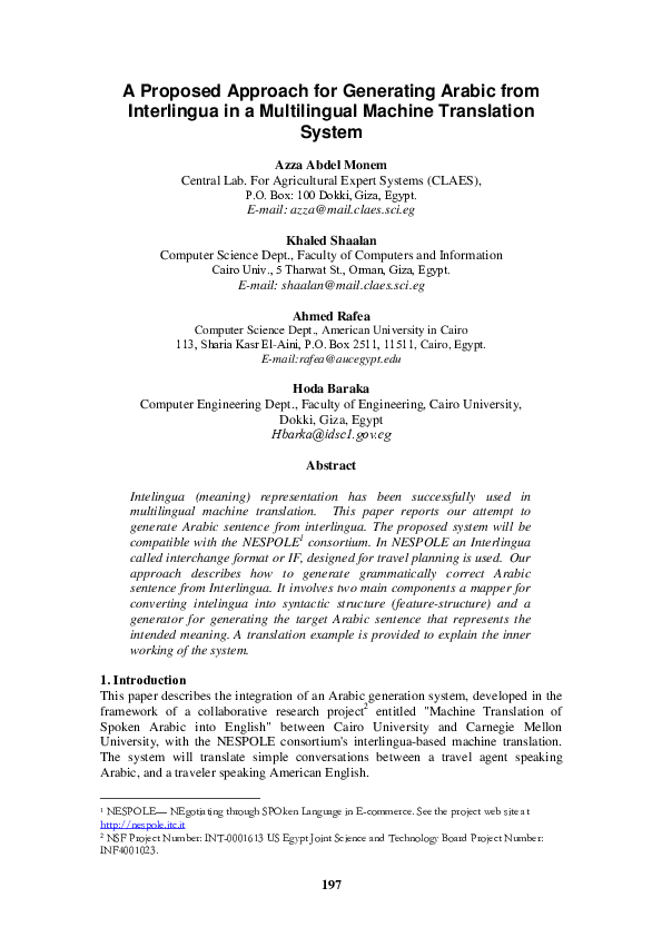 Pdf A Proposed Approach For Generating Arabic From Interlingua In A Multilingual Machine