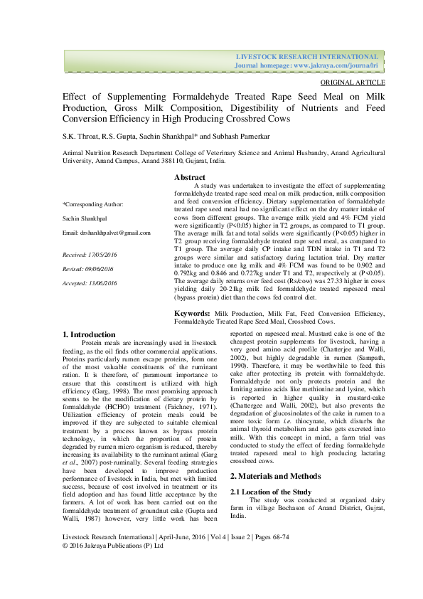 (PDF) Effect of Supplementing Formaldehyde Treated Rape Se d Meal on ...