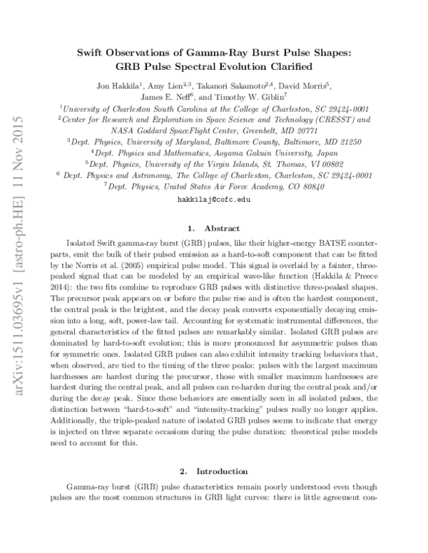 (PDF) Swift Observations of Gamma-Ray Burst Pulse Shapes: GRB Pulse ...