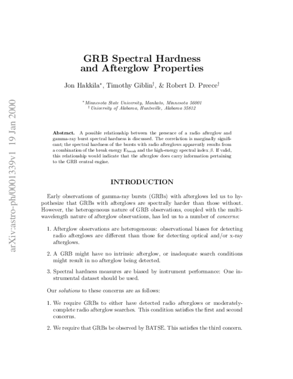 (PDF) GRB spectral hardness and afterglow properties
