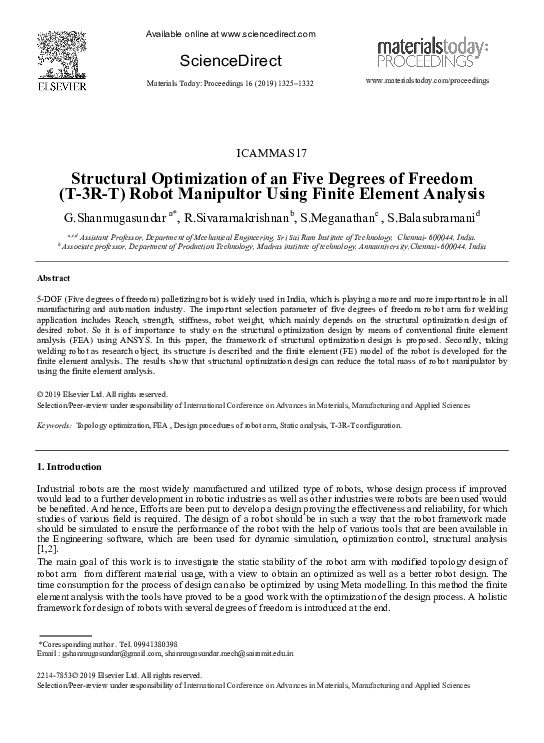 (PDF) Structural Optimization of an Five Degrees of Freedom (T-3R-T) Robot Manipultor Using ...