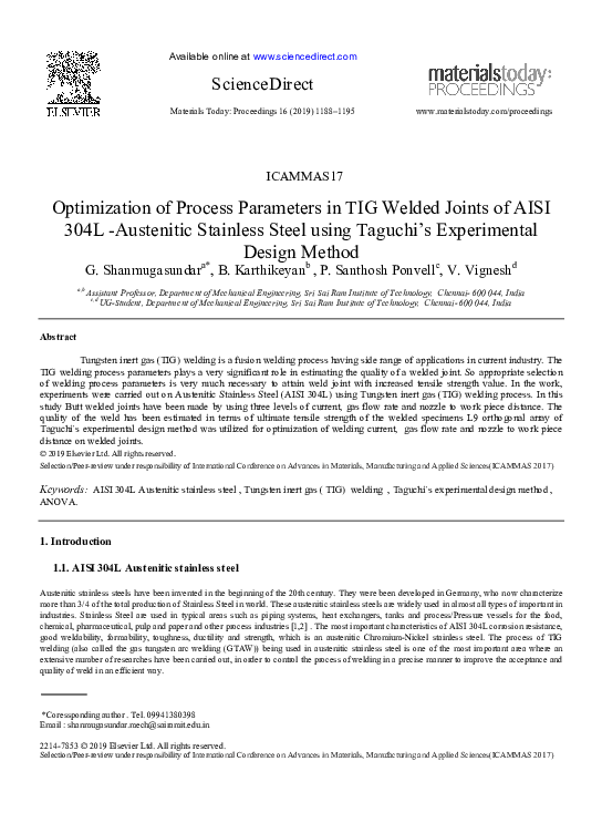 (PDF) Optimization of Process Parameters in TIG Welded Joints of AISI 304L -Austenitic Stainless ...