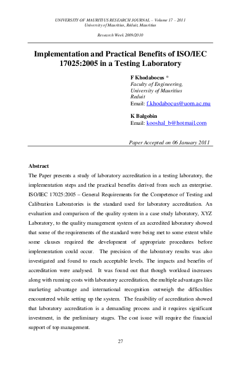 (PDF) Implementation and Practical Benefits of ISO/IEC 17025:2005 in a ...