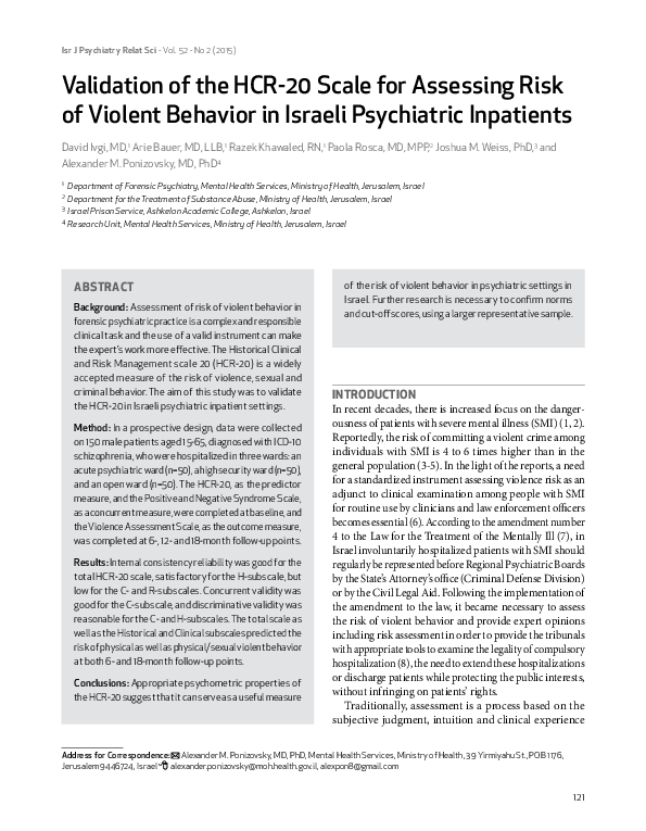 (PDF) Validation of the HCR-20 Scale for Assessing Risk of Violent Behavior in Israeli ...