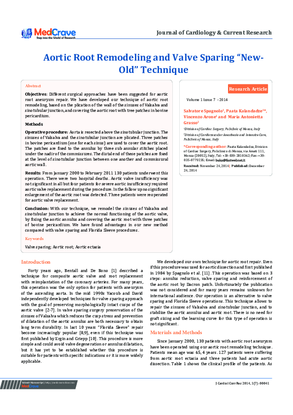 (PDF) Aortic Root Remodeling and Valve Sparing "New- Old" Technique