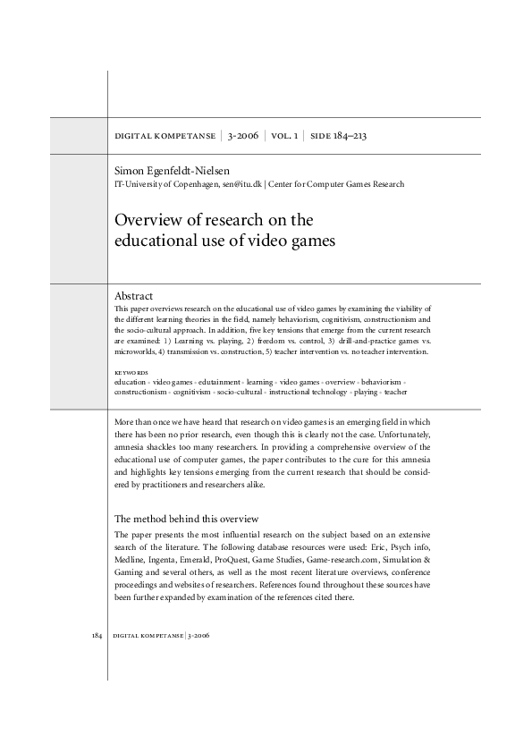 (PDF) Overview of research on the educational use of video games
