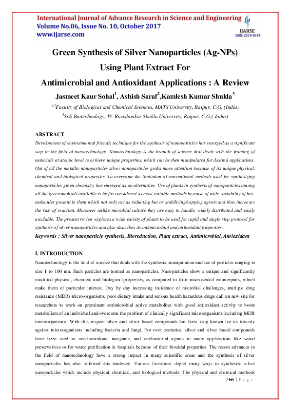 (PDF) Green Synthesis of Silver Nanoparticles (Ag-NPs) Using Plant Extract For Antimicrobial and ...