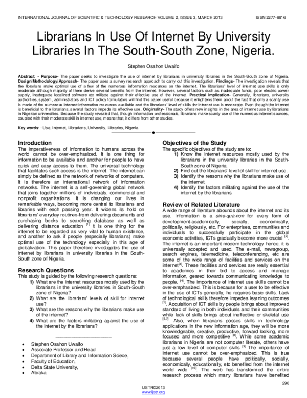(PDF) Librarians In Use Of Internet By University Libraries In The ...