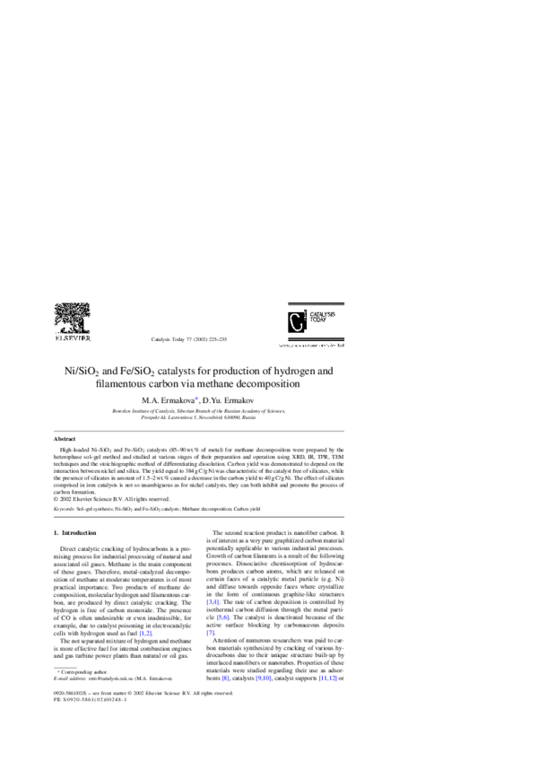 (PDF) Ni/SiO2 and Fe/SiO2 catalysts for production of hydrogen and filamentous carbon via ...