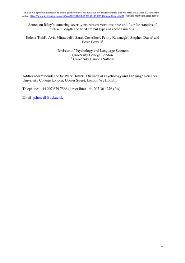 (PDF) Scores on Riley’s Stuttering Severity Instrument Versions Three ...