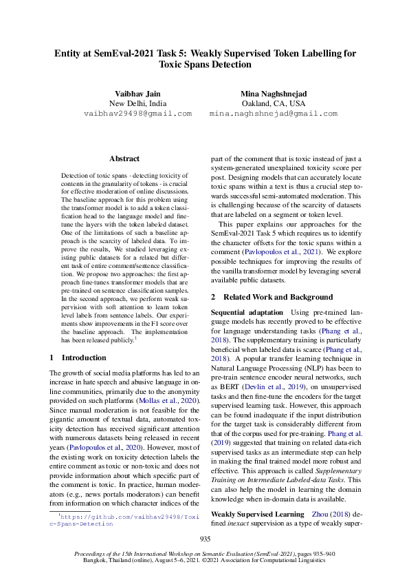 Pdf Entity At Semeval 2021 Task 5 Weakly Supervised Token Labelling For Toxic Spans Detection