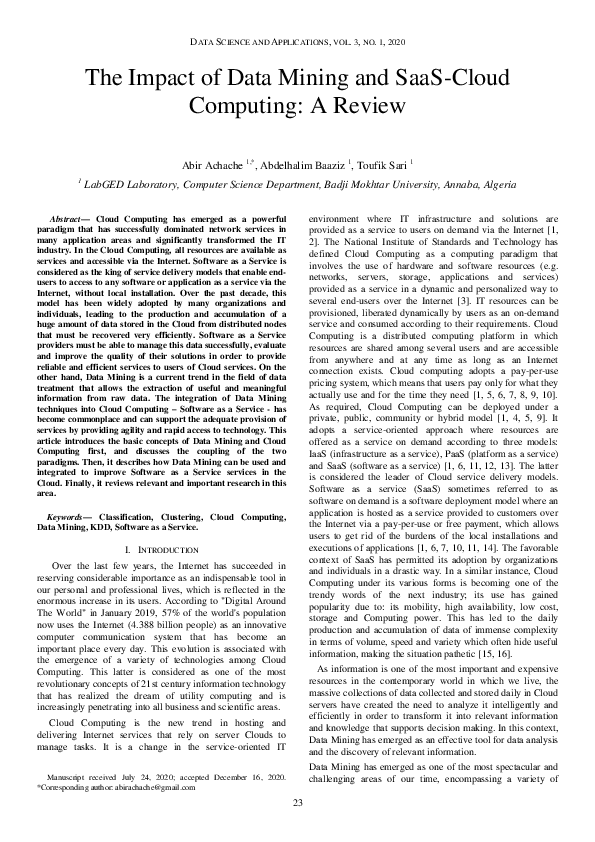 (PDF) The Impact of Data Mining and SaaS-Cloud Computing : A Review