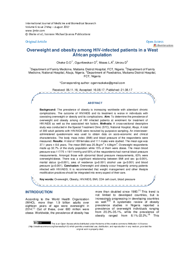 (PDF) Overweight and obesity among HIV-infected patients in a West ...