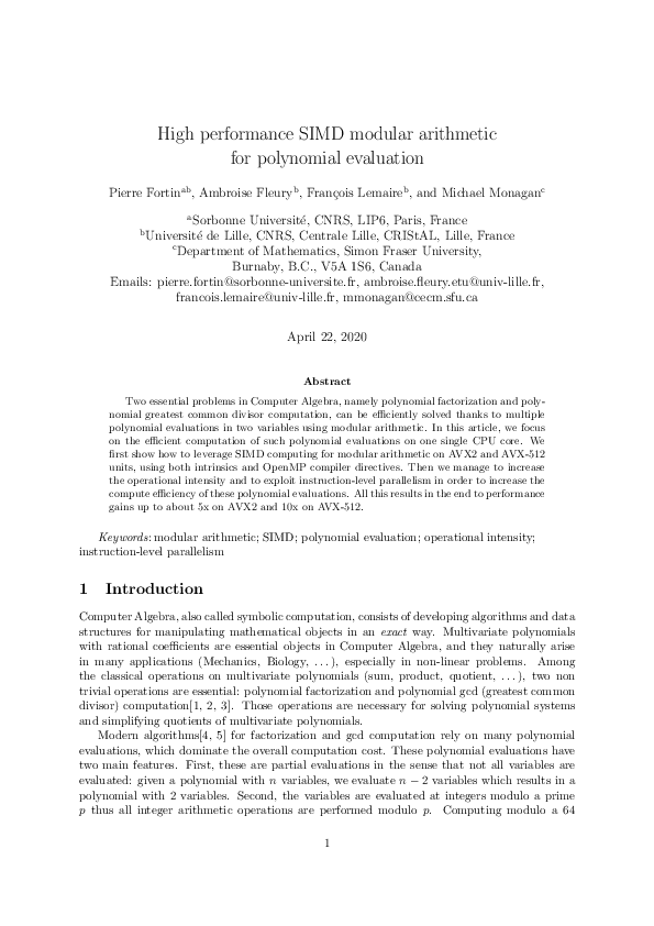 (PDF) High‐performance SIMD modular arithmetic for polynomial evaluation