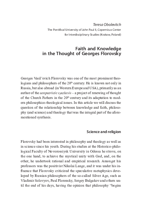 (PDF) Faith and Knowledge in the Thought of Georges Florovsky