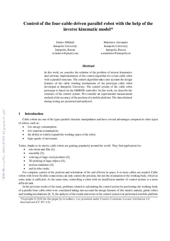 (PDF) Control of the four-cable-driven parallel robot with the help of the inverse kinematic model