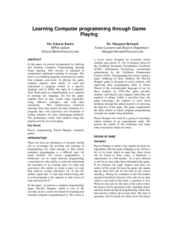 Pdf Learning Computer Programming Through Game Playing