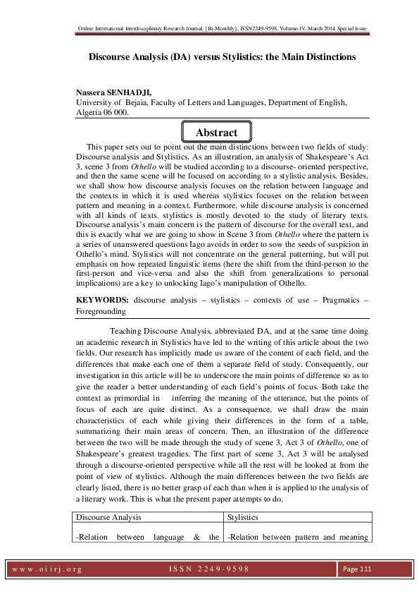 (PDF) Discourse Analysis (DA) versus Stylistics: the Main Distinctions