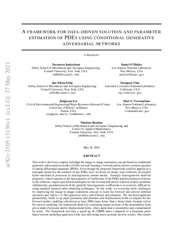 Pdf A Framework For Data Driven Solution And Parameter Estimation Of Pdes Using Conditional