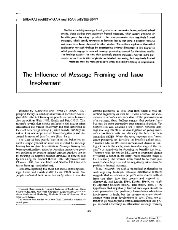 (PDF) The influence of message framing and issue involvement