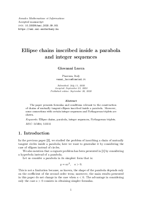 (PDF) Ellipse chains inscribed inside a parabola and integer sequences