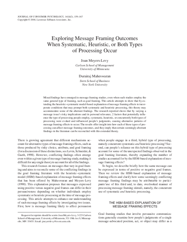 (PDF) Exploring Message Framing Outcomes When Systematic, Heuristic, or ...