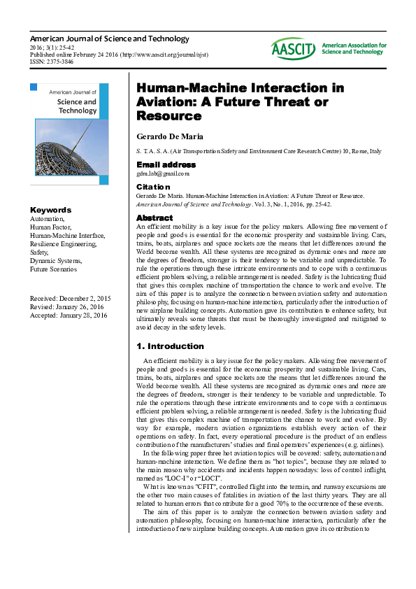 (PDF) Human-Machine Interaction in Aviation : A Future Threat or Resource