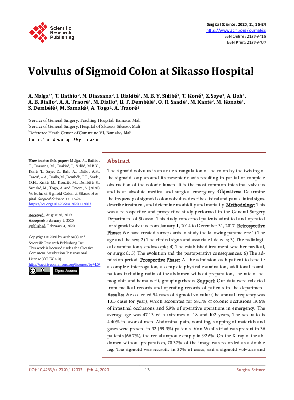 (PDF) Volvulus of Sigmoid Colon at Sikasso Hospital