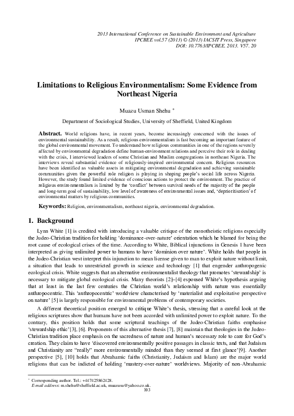 (PDF) Limitations to Religious Environmentalism: Some Evidence from ...