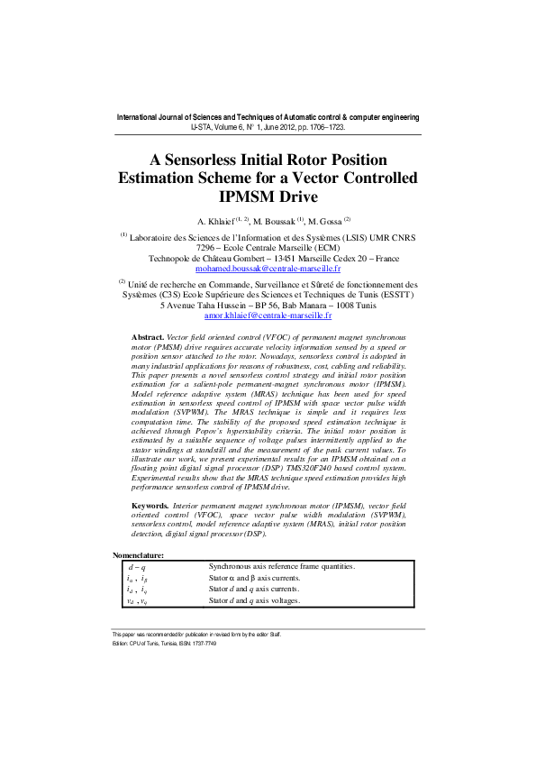 Pdf A Sensorless Initial Rotor Position Estimation Scheme For A Vector Controlled Ipmsm Drive
