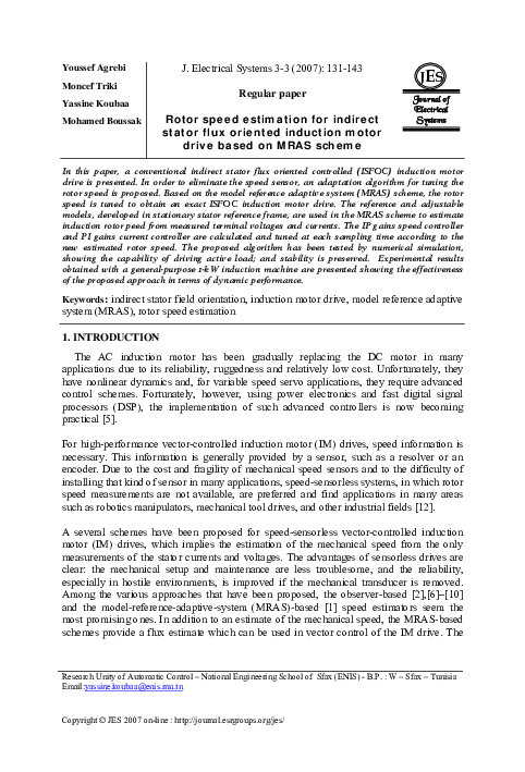 Pdf Rotor Speed Estimation For Indirect Stator Flux Oriented Induction Motor Drive Based On
