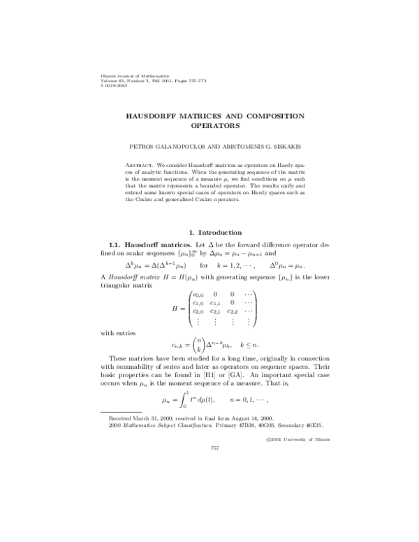 (PDF) Hausdorff matrices and composition operators (PDF) Hausdorff matrices and composition operators
