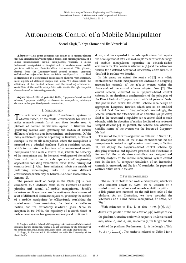 (PDF) Autonomous Control of a Mobile Manipulator