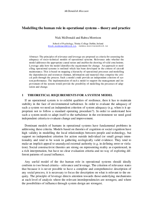 (PDF) Modelling the human role in operational systems – theory and ...