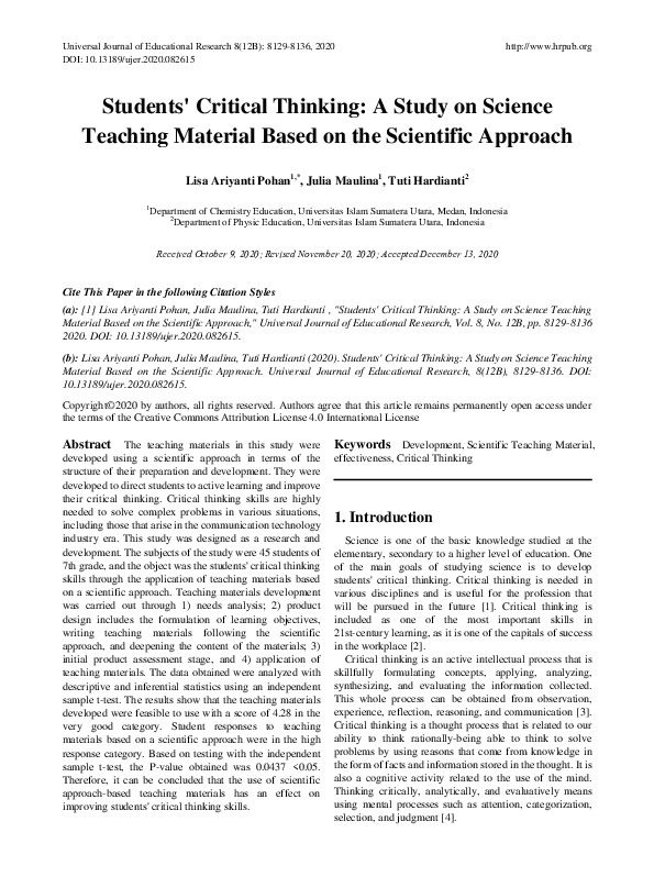 (PDF) Students' Critical Thinking: A Study on Science Teaching Material Based on the Scientific ...