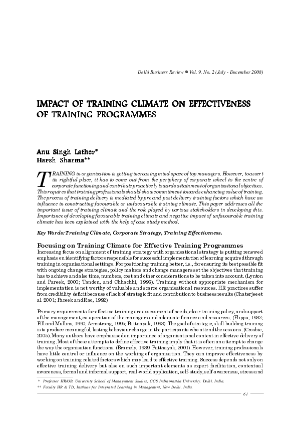 (PDF) Impact of Training Climate on Effectiveness of Training ...