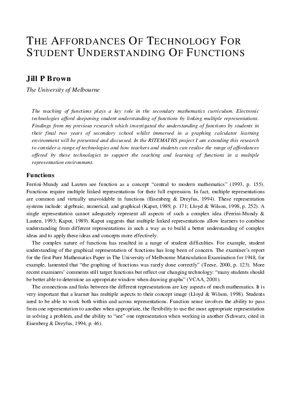 (PDF) The Affordances of Technology for Student Understanding of Functions