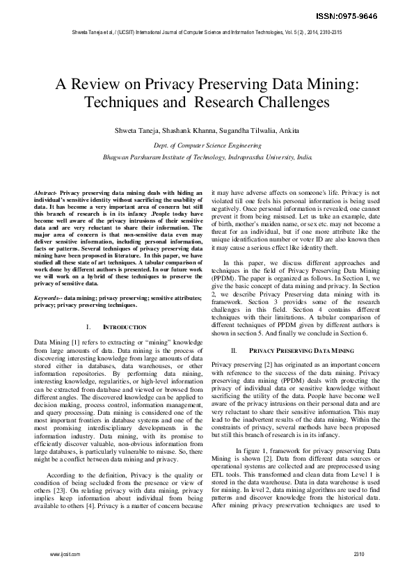 (PDF) A Review on Privacy Preserving Data Mining : Techniques and Research Challenges