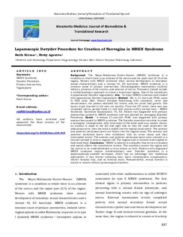 (PDF) Laparoscopic Davydov Procedure for Creation of Neovagina in MRKH ...