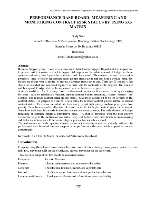(PDF) Performance dash board: Measuring and monitoring contract risk status by using 5X5 matrix